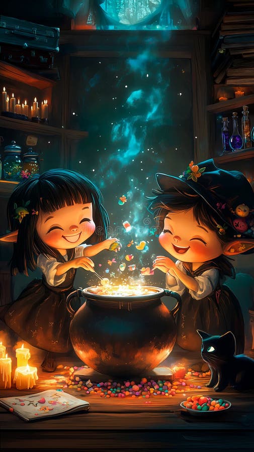 Two Little Witches Performs Funny Spells in Their Potion Class Stock ...