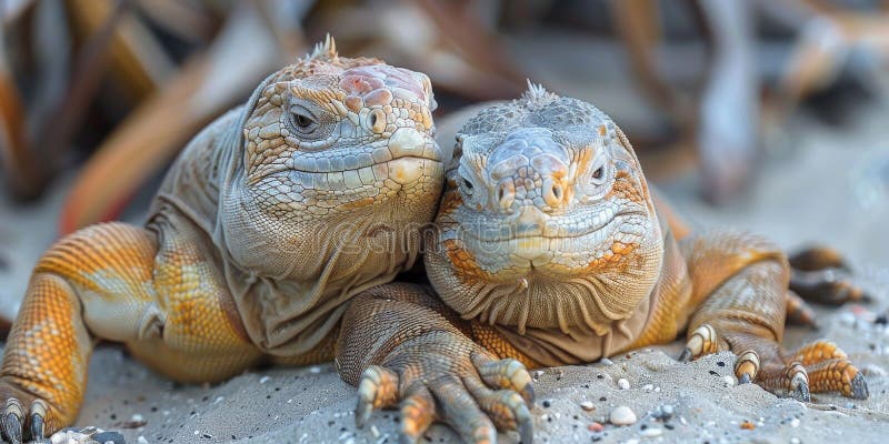 Two Lizards are Peacefully Resting Side by Side on the Ground Stock ...