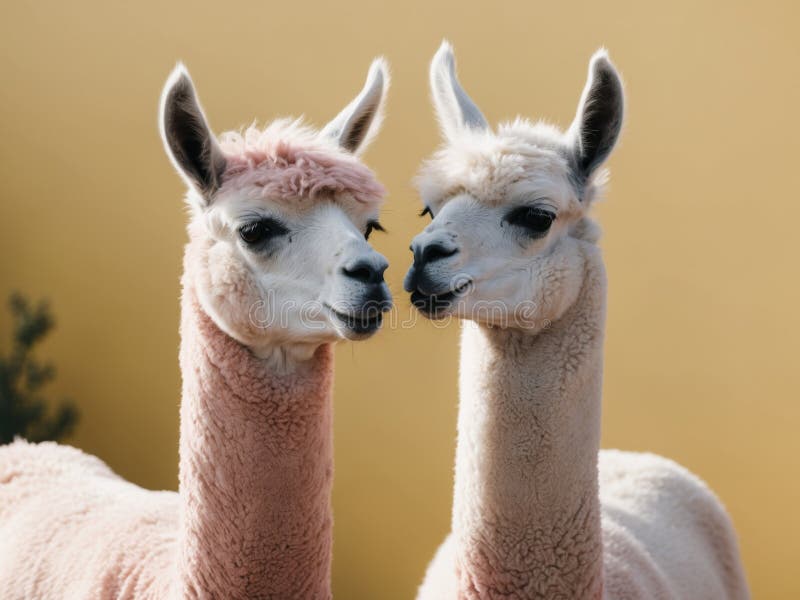 Two Llamas Facing Each Other with Pink and White Fleece on Yellow ...