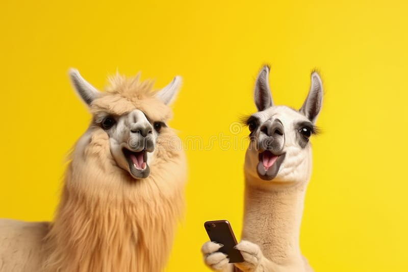 Two Llamas with a Phone are Laughing on a Yellow Background, Generative ...