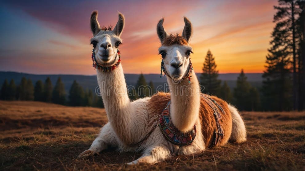 Two Llamas at Sunset, Majestic Andean Animals in Golden Hour Light ...