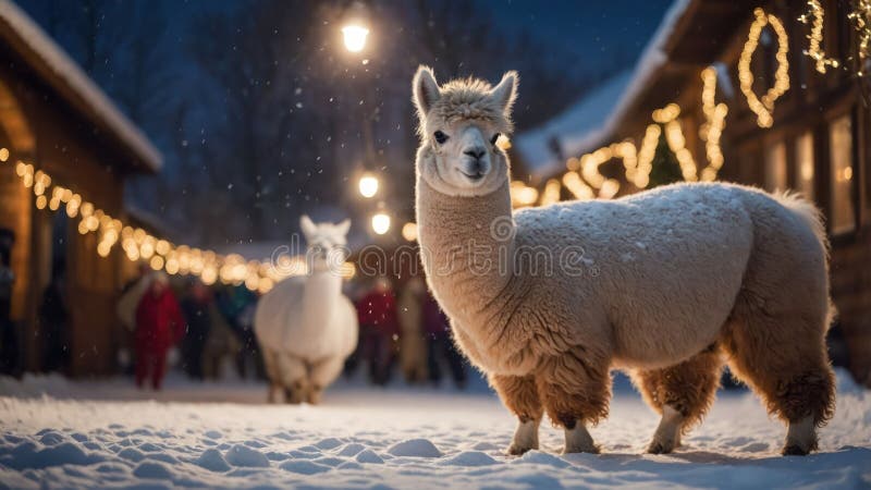 Charming Alpaca in Snowy Winter Night with Festive Lights Stock ...
