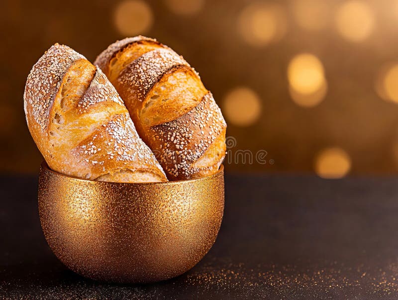 Two Loaves of Bread in a Gold Bowl on a Table Stock Image - Image of ...
