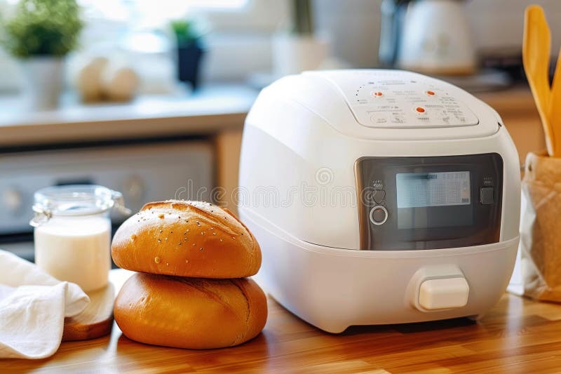 Modern Bread Making Machine with Round Freshly Baked Loaves on Kitchen ...