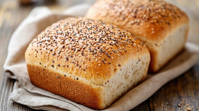 Two Loaves of Seeded Bread Rest on a Linen Cloth Stock Illustration ...