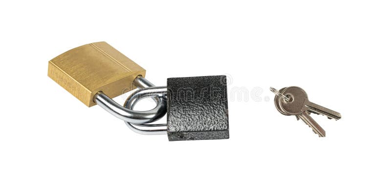 Three Closed Locks Isolated, Golden and Black Padlocks Locked Together ...