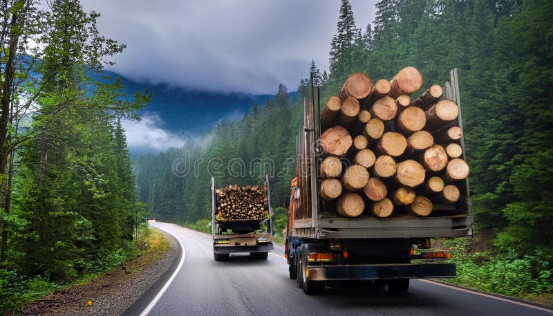Two Logging Trucks Transporting Timber through a Misty Forest Road ...