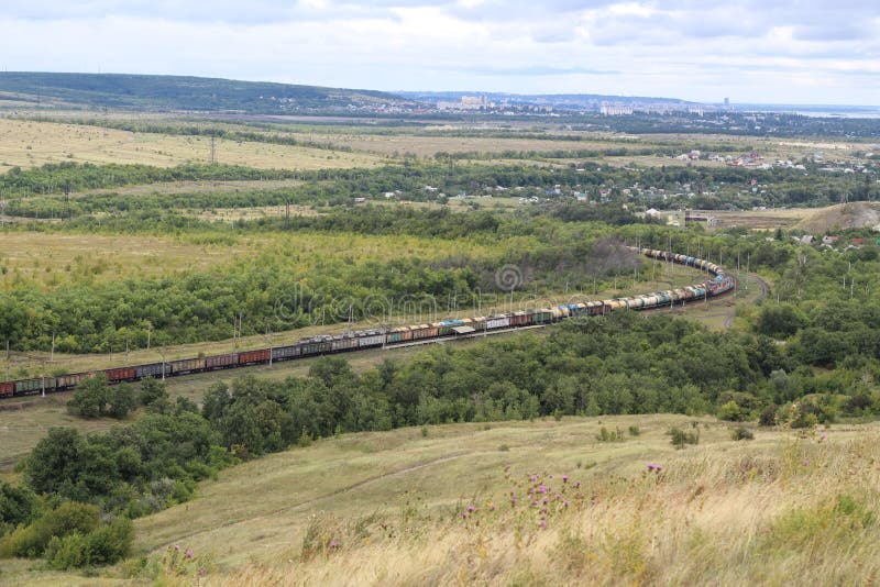 Two Long Freight Trains Pass Each Other. Aerial Photo Stock Image ...