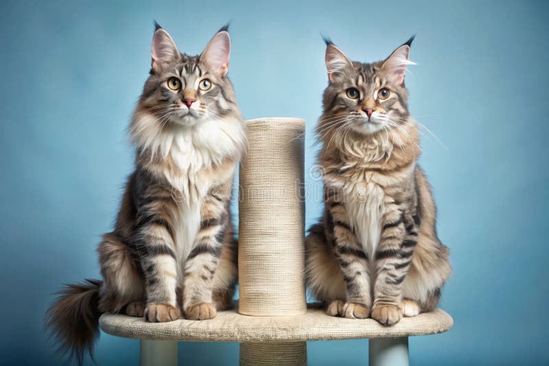 Two Longhaired Cats Sitting Side by Side on a Cat Tree Against a Light ...