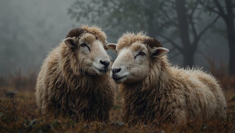 Two Lost Sheep Cuddling in Fog Suitable To Add Text. Stock Image ...
