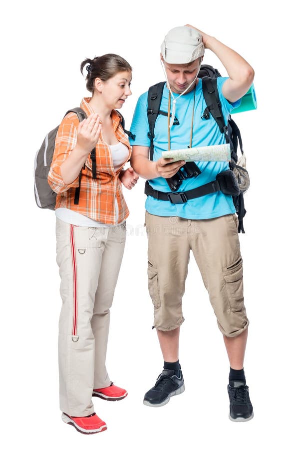 Two Lost Tourists Look at the Map on a White Background Stock Photo ...