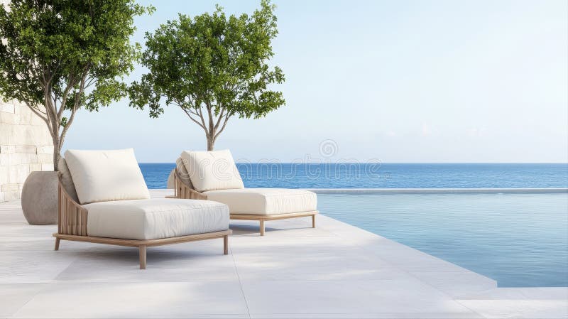 Two Lounge Chairs Sit on a Patio Overlooking the Ocean on a Sunny Day ...