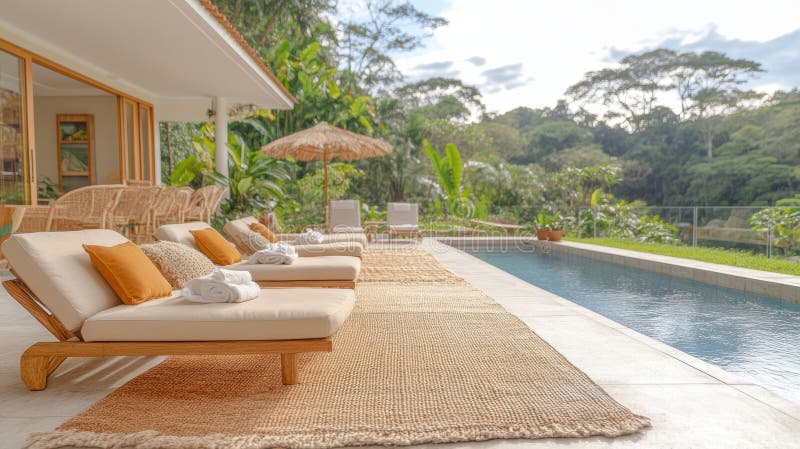 Two Lounge Chairs and a Table beside a Serene Pool Setting. Stock Photo ...