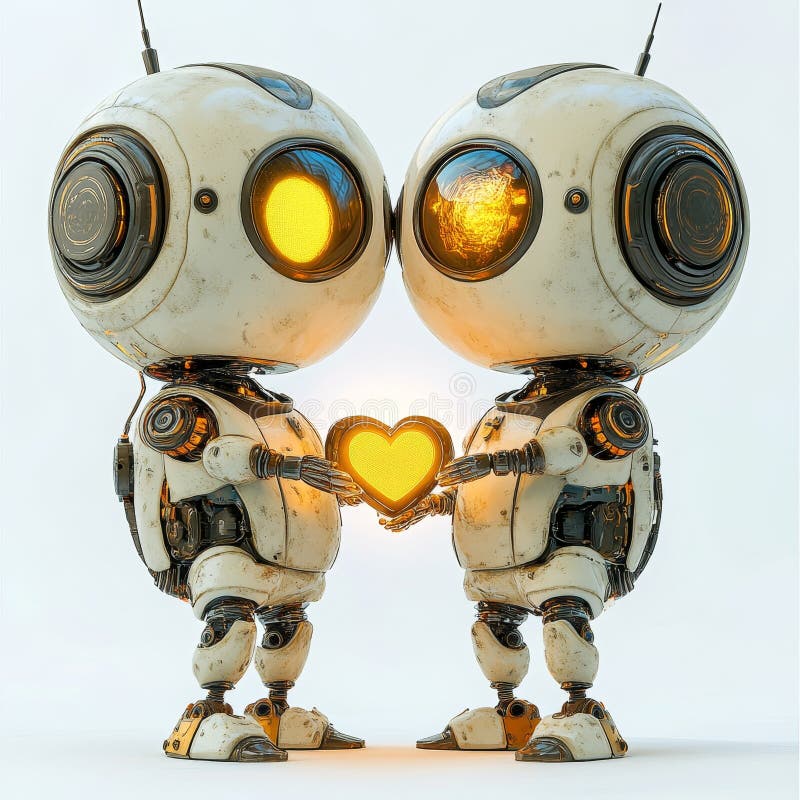 Two Lovable Robots are Joined by a Shining Heart, Signifying Affection ...