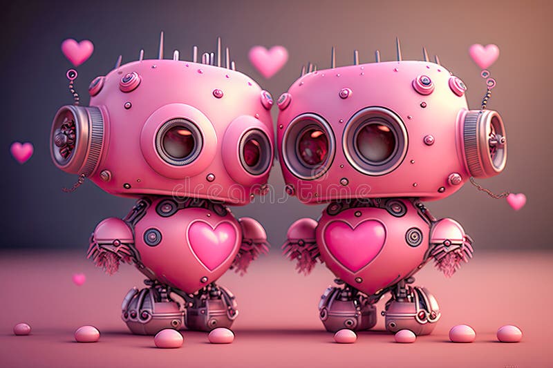 Two Lovely Robots with Pink Hearts Stock Illustration - Illustration of ...