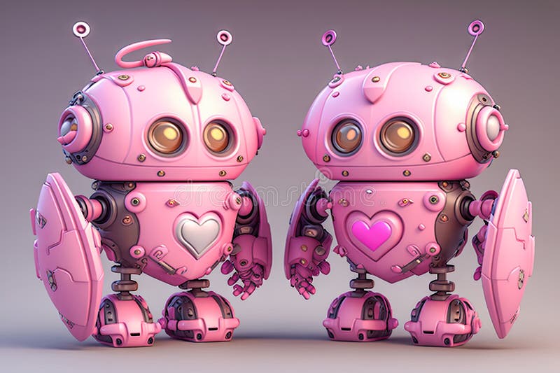 Two Lovely Robots with Pink Hearts Stock Illustration - Illustration of ...