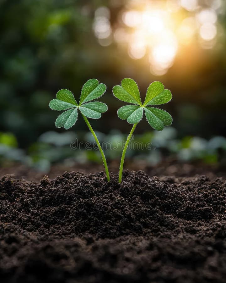 Two Lucky Four-leaf Clovers Growing in Soil. Stock Illustration ...