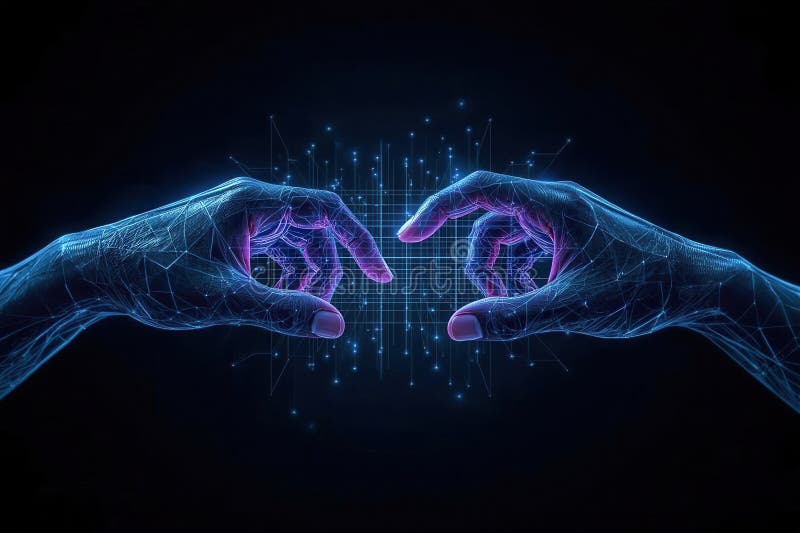 Two Luminous Hands Reach Out, Illuminated with Network Patterns Against ...