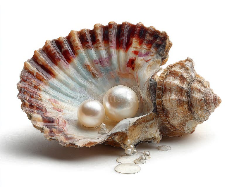 Two Lustrous Pearls Nestled in a Scallop Shell Stock Illustration ...