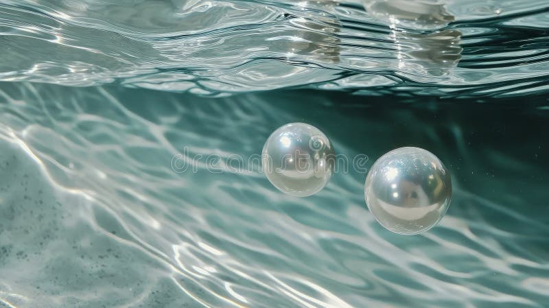 Two Lustrous Pearls Submerged in Clear Water, Shimmering with Light ...
