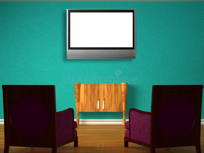 Two Luxurious Chairs with Wooden Table and LCD Tv Stock Illustration ...