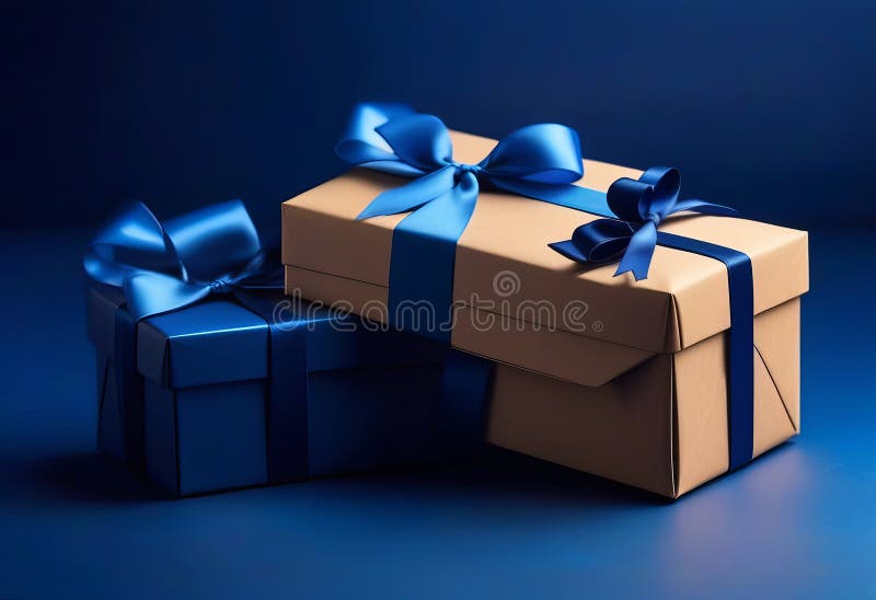 Two Luxury Gift Boxes with a Blue Bow on Dark Blue. Side View ...