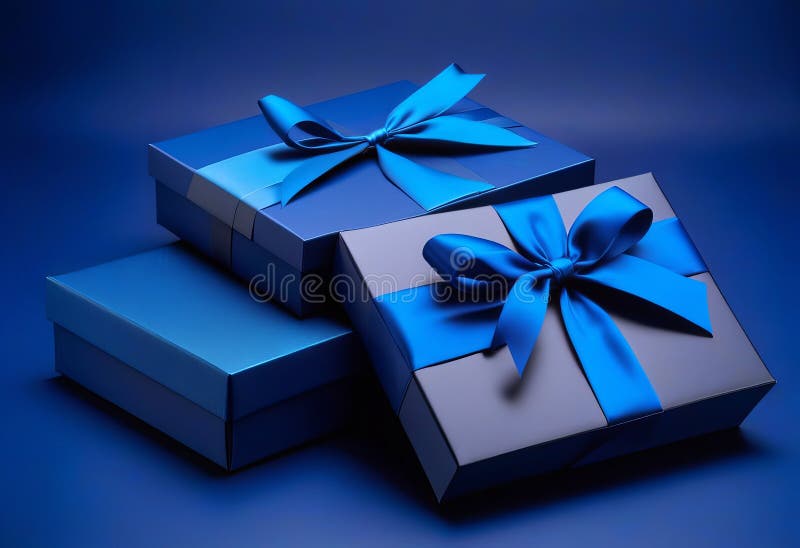 Two Luxury Gift Boxes with a Blue Bow on Dark Blue. Side View ...