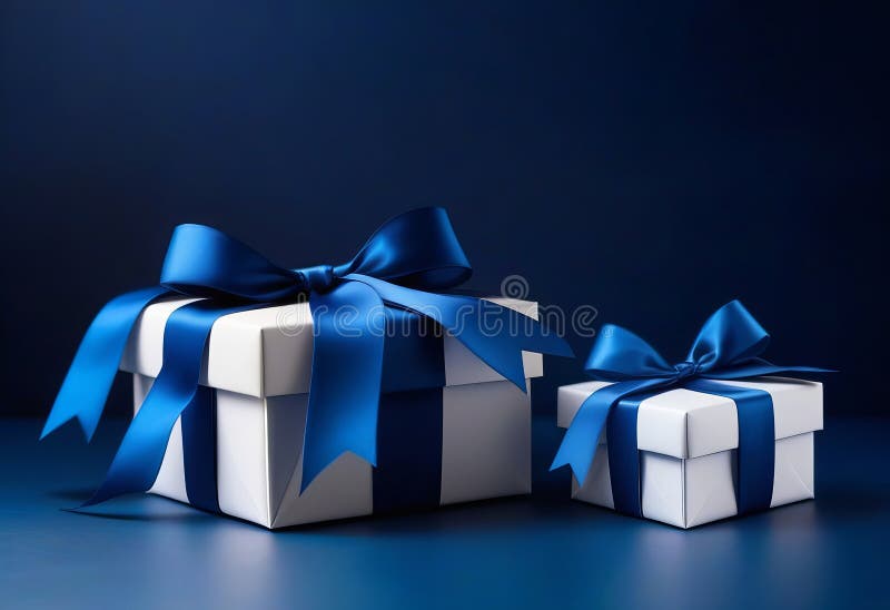 Two Luxury Gift Boxes with a Blue Bow on Dark Blue. Side View ...