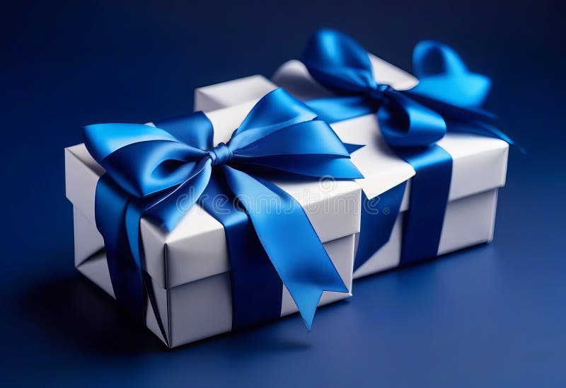 Two Luxury Gift Boxes with a Blue Bow on Dark Blue. Side View ...