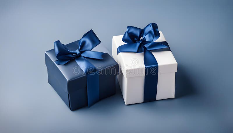 Two Luxury Gift Boxes with a Blue Bow on Dark Blue. Side View ...