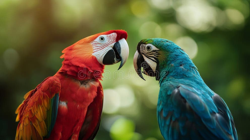 Two Macaws Facing Each Other in Lush Green Tropical Setting Stock ...