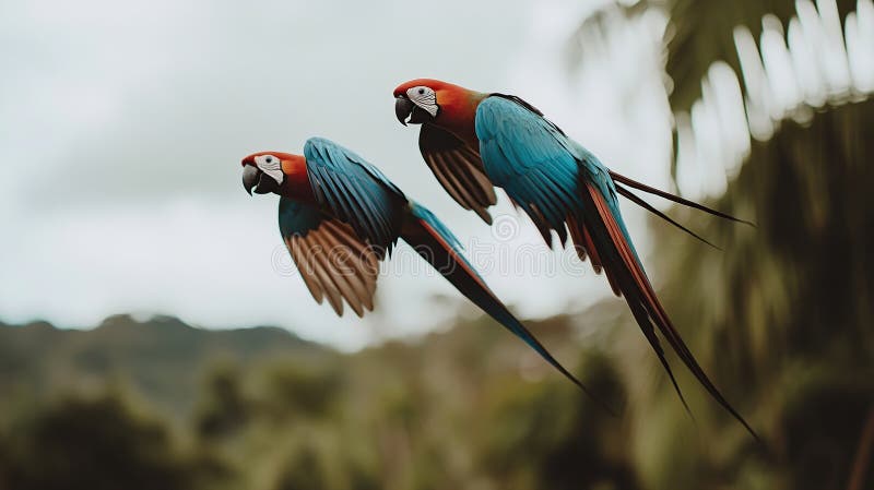 Two Macaws Flying, Jungle Background, Wildlife Stock Image - Image of ...