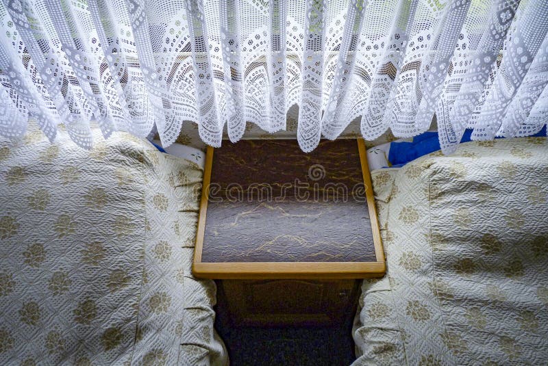 Two Made-up Beds with Bedside Table in Caravan without People Stock ...