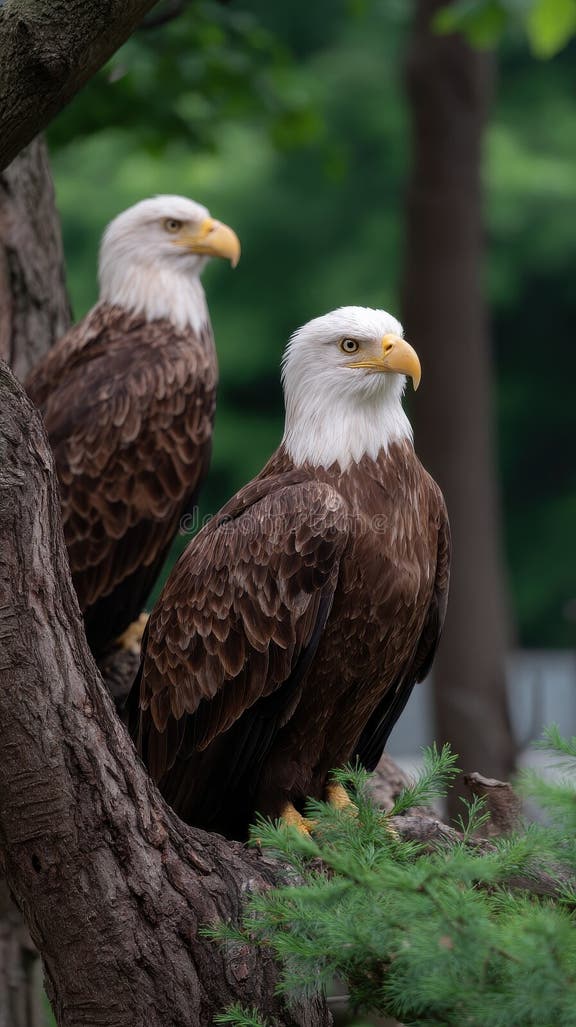 Two Majestic Bald Eagles Perched on a Tree Branch in a Forest Setting ...