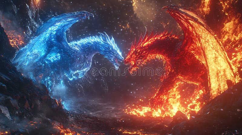 Epic Confrontation Ice Dragon Versus Fire Dragon Fantasy Art Digital Painting Stock Illustration ...
