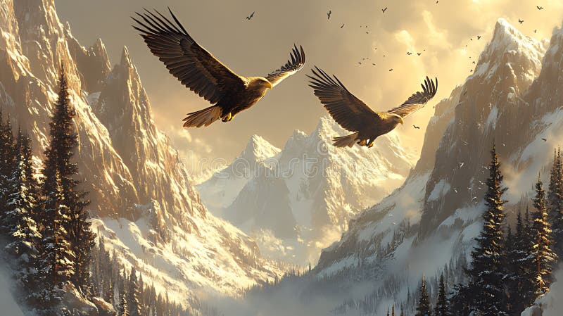 Two Majestic Eagles Soaring Over a Snow-capped Mountain Range at Sunset Stock Illustration ...