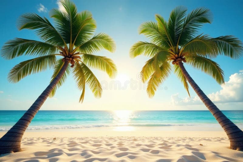 Two Majestic Palms Frame a Deserted Stretch of Beach , Sunset, Beach ...