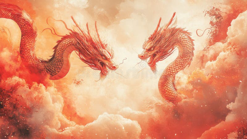 Two Majestic Red Dragons Soaring through Fiery Clouds Stock ...