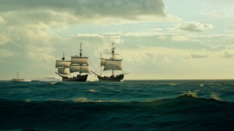 Two Majestic Sailing Ships Navigate the Deep Blue Ocean Under a ...