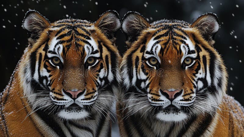 Two Majestic Siberian Tigers Face Forward in Snowy Setting Stock ...