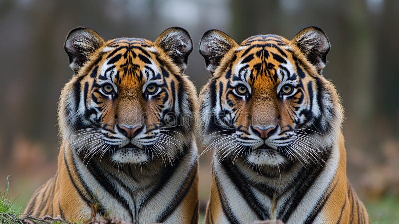 Two Majestic Tigers Sitting Side-by-side, Facing the Camera in a Forest ...