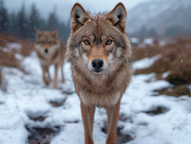 Two Majestic Wolves in a Snowy Forest Stock Illustration - Illustration ...