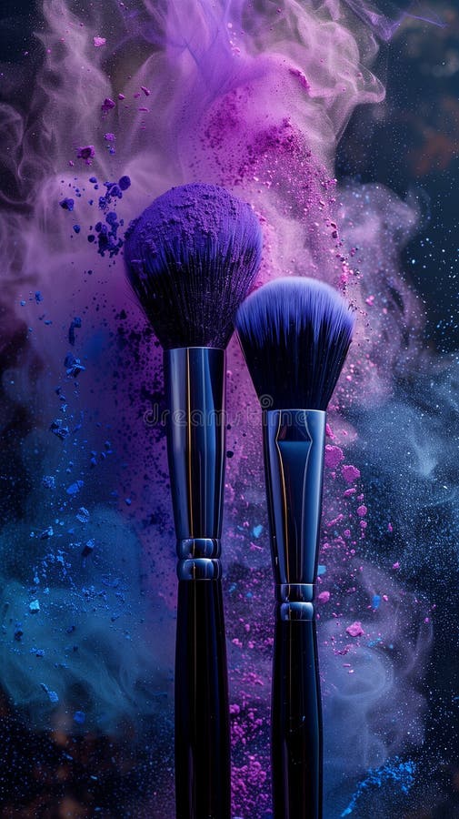 Two Makeup Brushes with Colorful Powder Bursts Against a Black ...