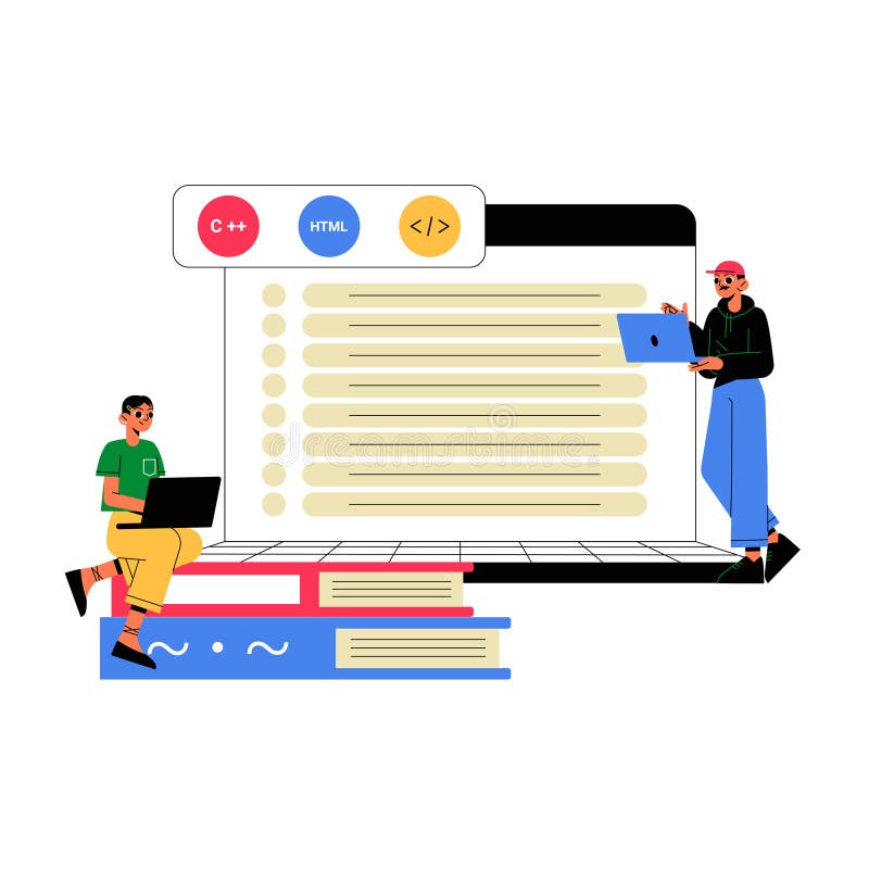 Two Male Coders Collaborating with Laptops on a Stack of Books in Flat ...