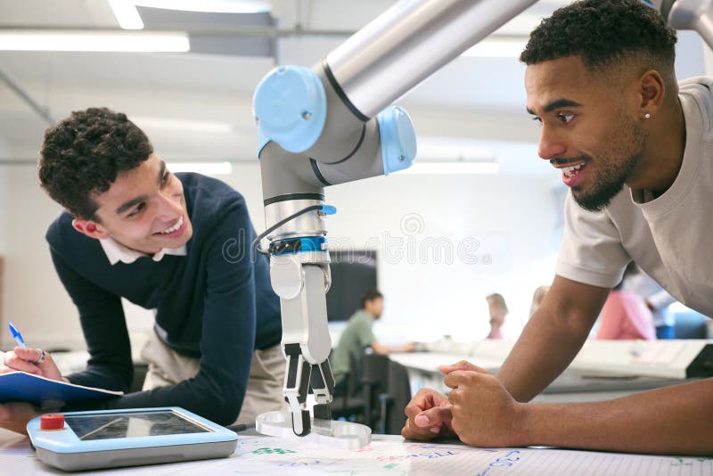 Two Male College or University Engineering Students in Robotics Class ...