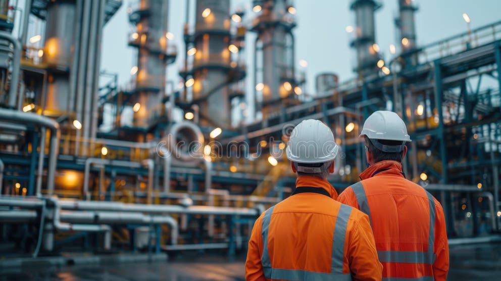 Two Male Engineers in Uniform Discuss Issues on the Refining and ...