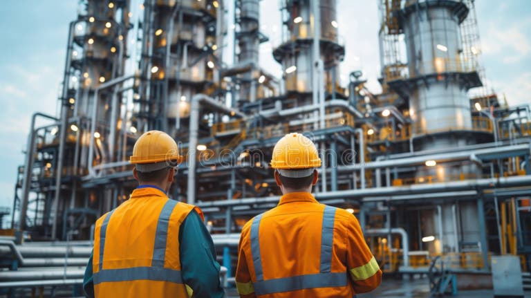 Two Male Engineers in Uniform Discuss Issues on the Refining and ...