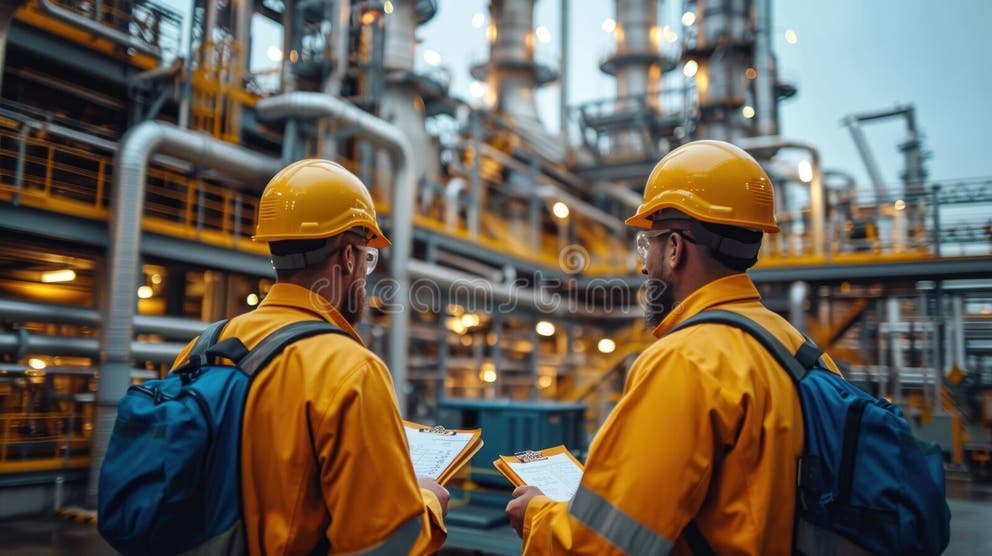 Two Male Engineers in Uniform Discuss Issues on the Refining and ...