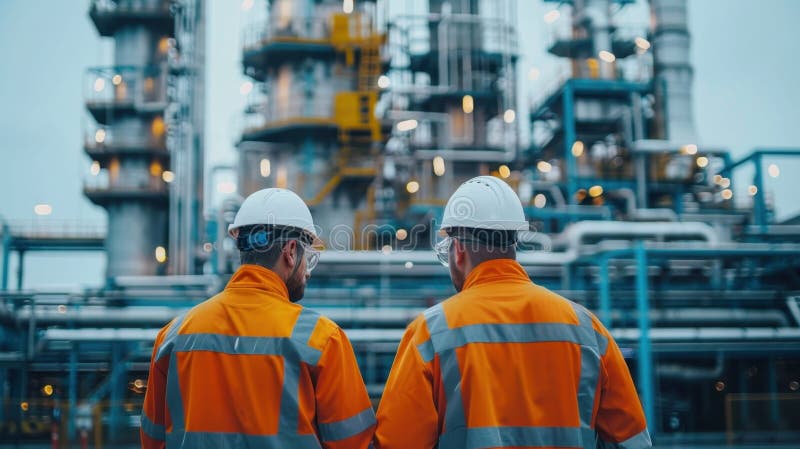 Two Male Engineers in Uniform Discuss Issues on the Refining and ...
