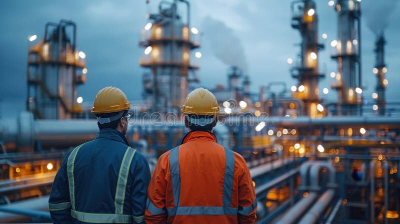 Two Male Engineers in Uniform Discuss Issues on the Refining and ...